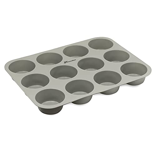 HomeBee Silicone Muffin Pan, Cupcake Molds with Regular 12 Cups, Reusable Non-Stick Baking Tin, European LFGB Grade BPA-Free Bakeware and Tray for Egg Muffin Fat Bombs | Grey