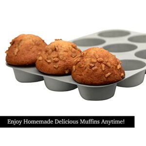 HomeBee Silicone Muffin Pan, Cupcake Molds with Regular 12 Cups, Reusable Non-Stick Baking Tin, European LFGB Grade BPA-Free Bakeware and Tray for Egg Muffin Fat Bombs | Grey