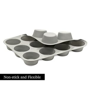 HomeBee Silicone Muffin Pan, Cupcake Molds with Regular 12 Cups, Reusable Non-Stick Baking Tin, European LFGB Grade BPA-Free Bakeware and Tray for Egg Muffin Fat Bombs | Grey