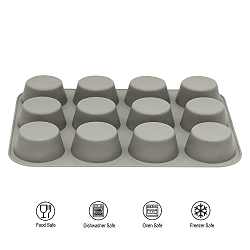 HomeBee Silicone Muffin Pan, Cupcake Molds with Regular 12 Cups, Reusable Non-Stick Baking Tin, European LFGB Grade BPA-Free Bakeware and Tray for Egg Muffin Fat Bombs | Grey