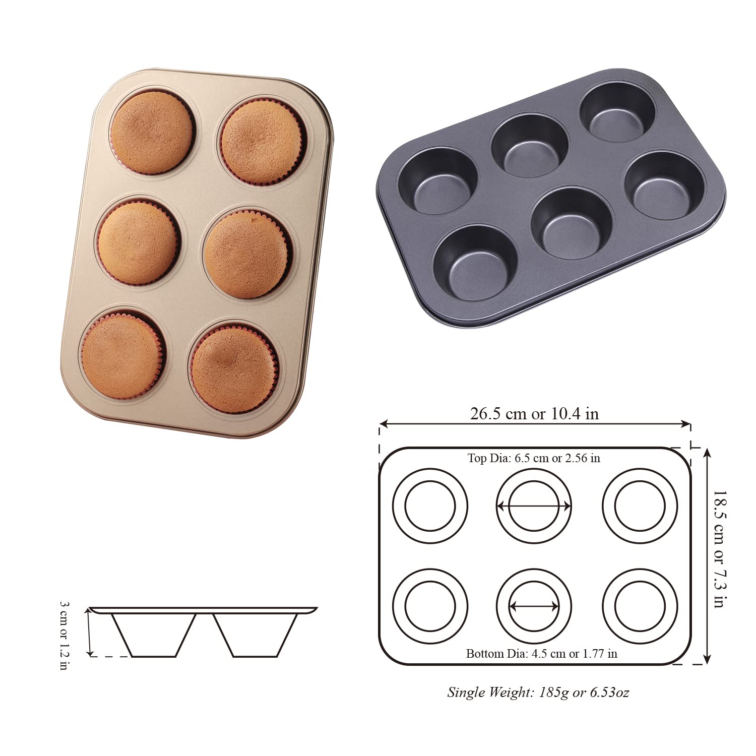 Bakehope Muffin Tins 6-Cups Nonstick Carbon Steel Standard Cupcake Pans, Set of 2