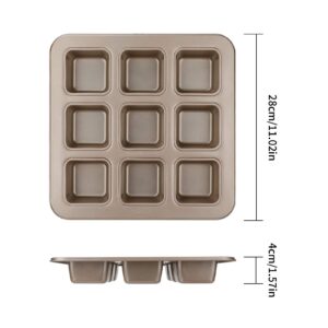 Brownie Pan, 9-Cavity Non-Stick Brownie Pans Square Muffin Pan, Heavy-Weight Carbon Steel Bakeware for Oven Baking, 11"X 11" X 1.6", Champagne Gold