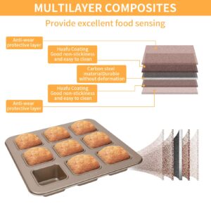 Brownie Pan, 9-Cavity Non-Stick Brownie Pans Square Muffin Pan, Heavy-Weight Carbon Steel Bakeware for Oven Baking, 11"X 11" X 1.6", Champagne Gold