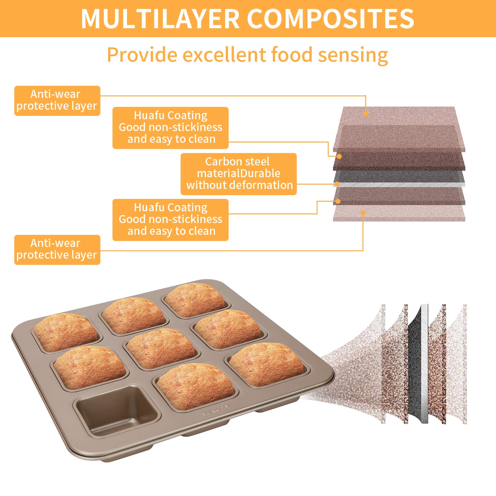 Brownie Pan, 9-Cavity Non-Stick Brownie Pans Square Muffin Pan, Heavy-Weight Carbon Steel Bakeware for Oven Baking, 11"X 11" X 1.6", Champagne Gold