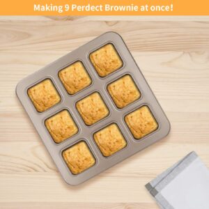 Brownie Pan, 9-Cavity Non-Stick Brownie Pans Square Muffin Pan, Heavy-Weight Carbon Steel Bakeware for Oven Baking, 11"X 11" X 1.6", Champagne Gold