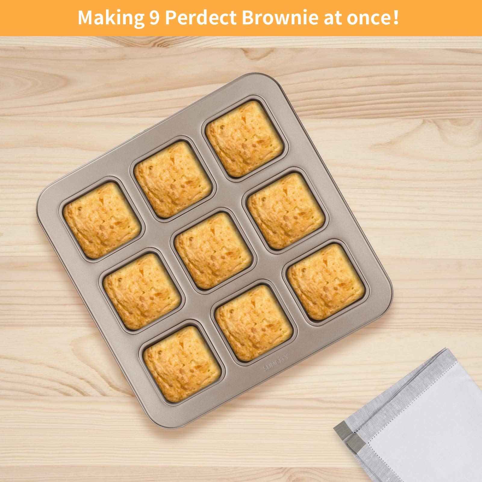 Brownie Pan, 9-Cavity Non-Stick Brownie Pans Square Muffin Pan, Heavy-Weight Carbon Steel Bakeware for Oven Baking, 11"X 11" X 1.6", Champagne Gold