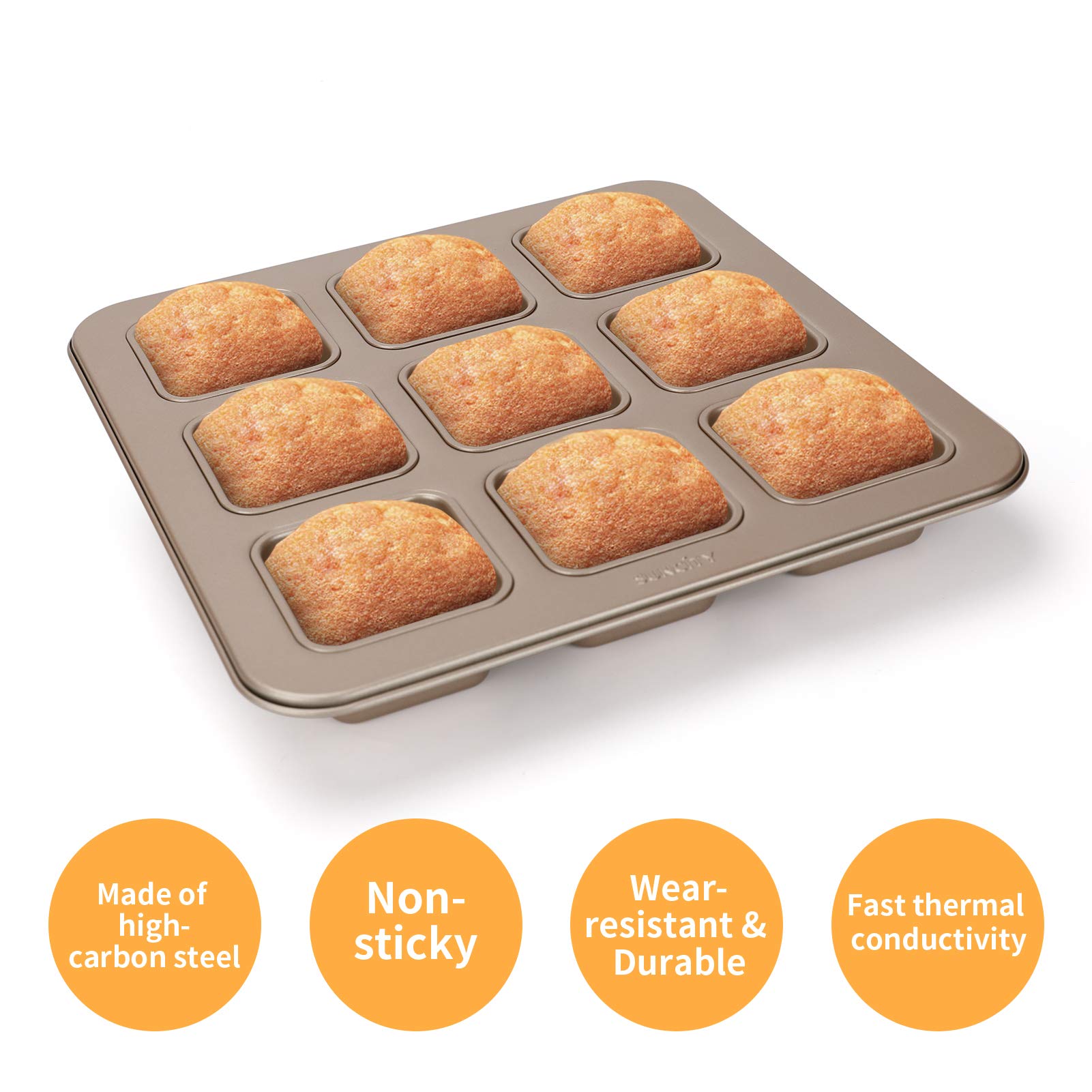 Brownie Pan, 9-Cavity Non-Stick Brownie Pans Square Muffin Pan, Heavy-Weight Carbon Steel Bakeware for Oven Baking, 11"X 11" X 1.6", Champagne Gold