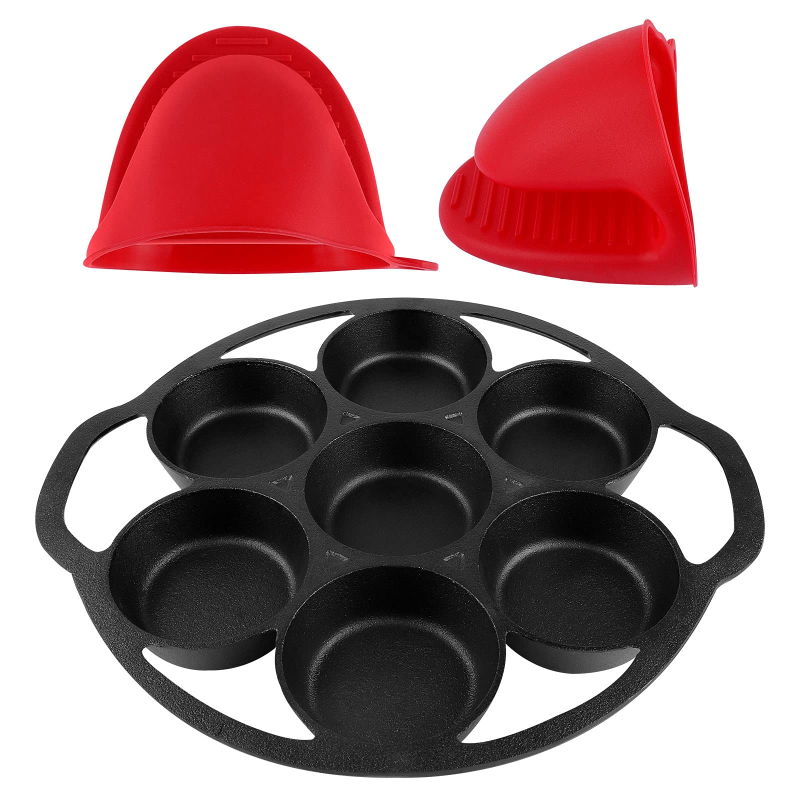 PROKITCHEN Cast Iron Muffin Tin,Cast Iron Cupcake Pan for Baking Biscuits, 7 part - bonus 2 Mini Oven Gloves