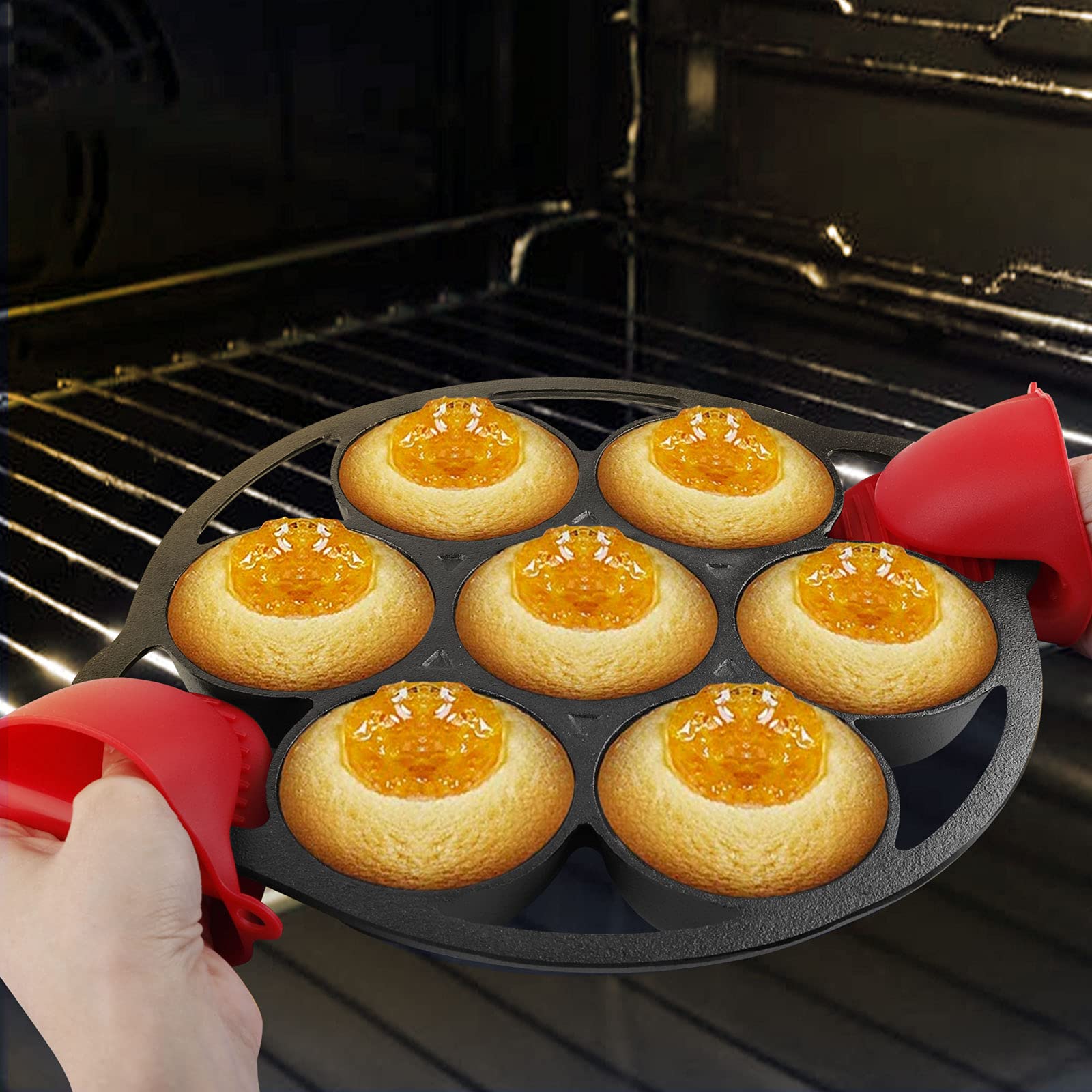 PROKITCHEN Cast Iron Muffin Tin,Cast Iron Cupcake Pan for Baking Biscuits, 7 part - bonus 2 Mini Oven Gloves