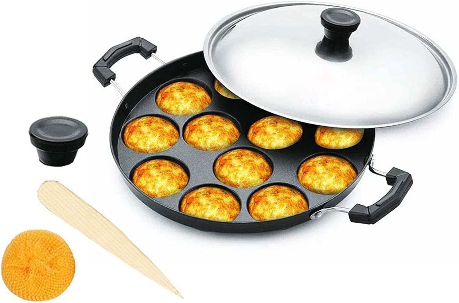 YADNESH Nonstick Aluminum Appam Pan, 12 Pits, Includes Lid, Easy to Clean, Dimension: Length 9", Width 9", Height 2"