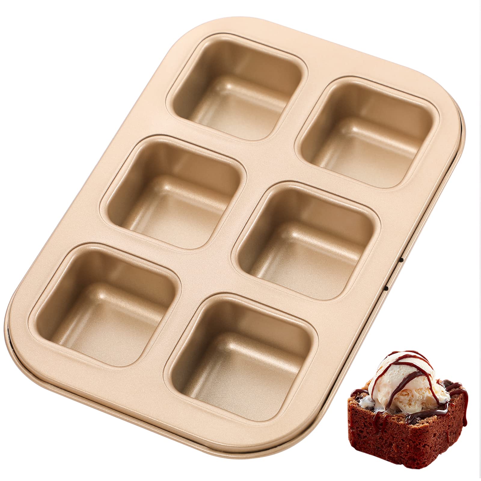 Webake Brownie Cake Pan, 6-Cavity Non-Stick Square Muffin Pan 1.6 Inch Deep Brownie Mold Small Cake Pan Bakeware for Oven Baking (Champagne Gold)