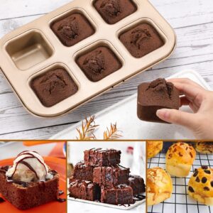 Webake Brownie Cake Pan, 6-Cavity Non-Stick Square Muffin Pan 1.6 Inch Deep Brownie Mold Small Cake Pan Bakeware for Oven Baking (Champagne Gold)