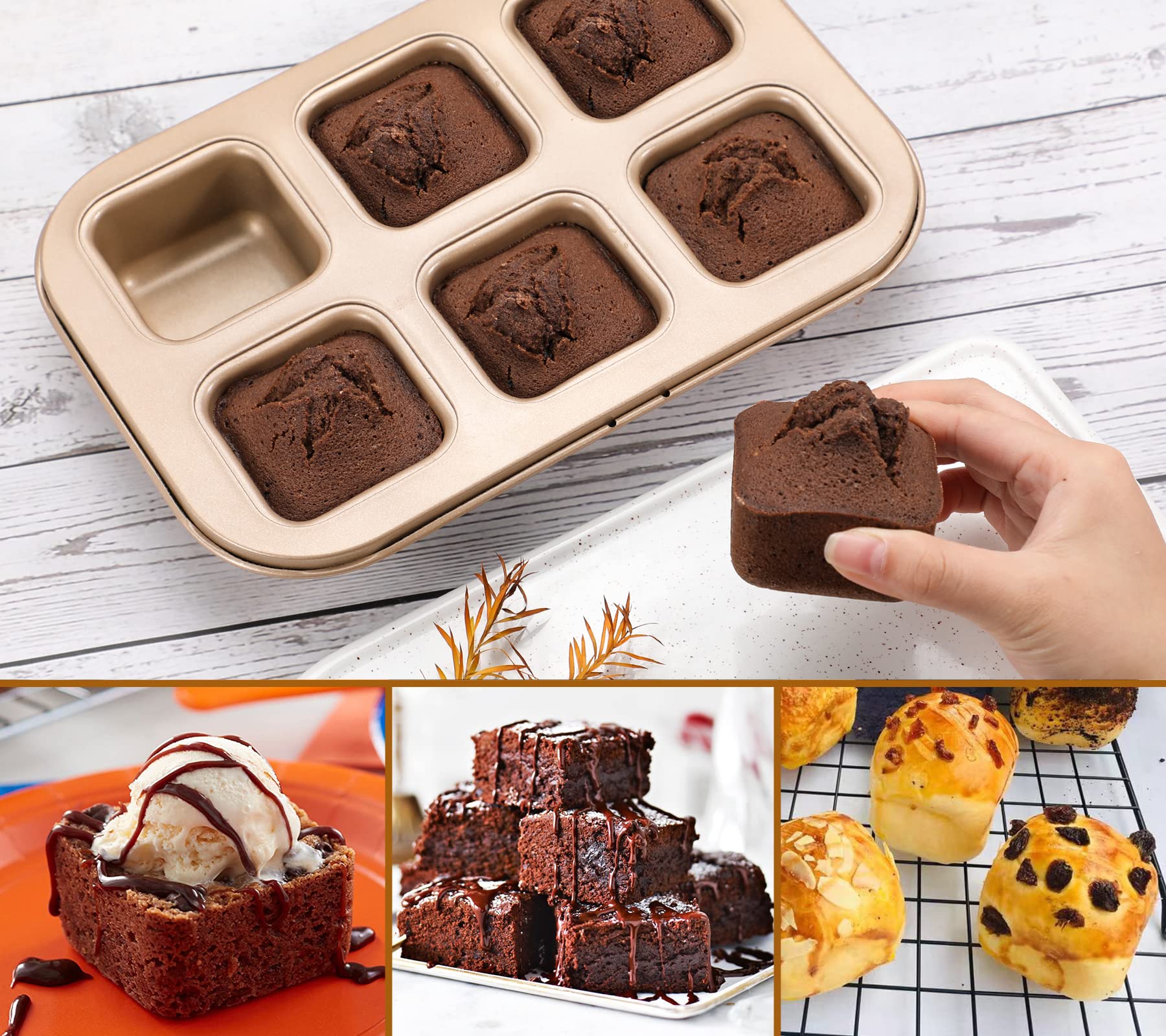 Webake Brownie Cake Pan, 6-Cavity Non-Stick Square Muffin Pan 1.6 Inch Deep Brownie Mold Small Cake Pan Bakeware for Oven Baking (Champagne Gold)