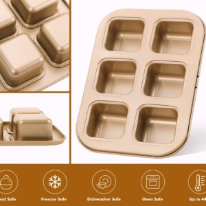 Webake Brownie Cake Pan, 6-Cavity Non-Stick Square Muffin Pan 1.6 Inch Deep Brownie Mold Small Cake Pan Bakeware for Oven Baking (Champagne Gold)