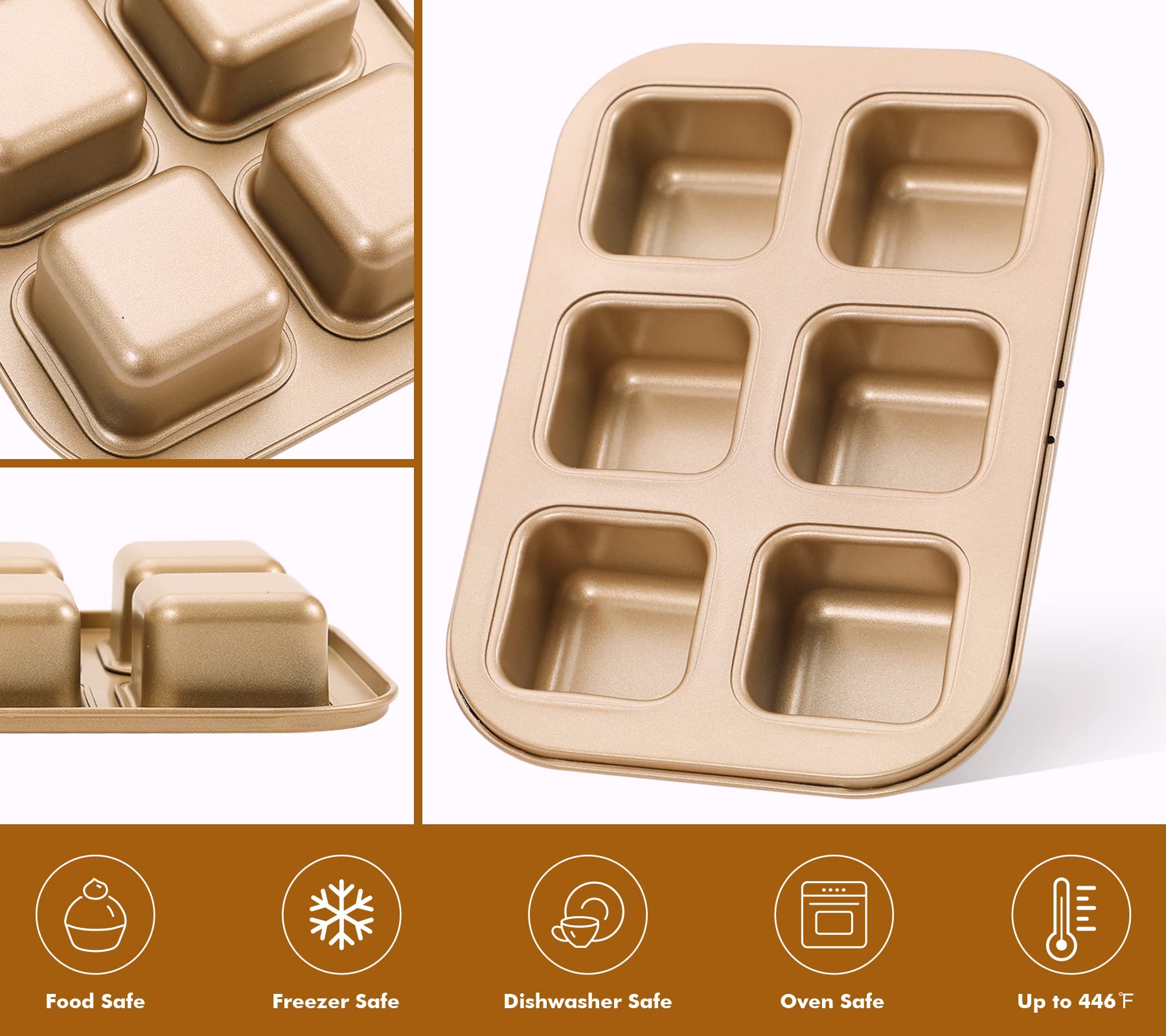 Webake Brownie Cake Pan, 6-Cavity Non-Stick Square Muffin Pan 1.6 Inch Deep Brownie Mold Small Cake Pan Bakeware for Oven Baking (Champagne Gold)