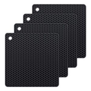 silicone trivet mats hot pads, yolife 4 pack multi-use trivets mat, heat resistant silicone pot holder for hot dishes and hot pots, jar opener, spoon holder, garlic peeler- dishwasher safe (black)