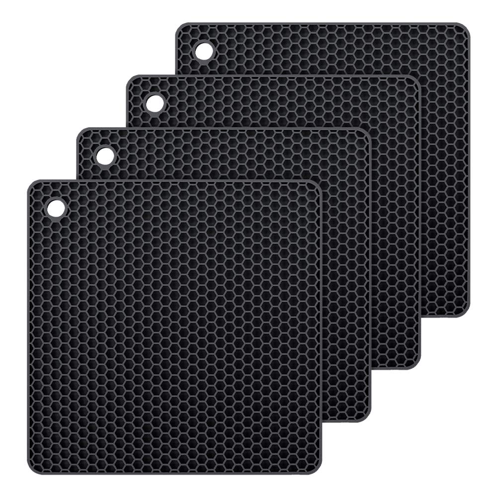 Silicone Trivet Mats Hot Pads, Yolife 4 Pack Multi-Use Trivets mat, Heat Resistant Silicone Pot Holder for Hot Dishes and Hot Pots, Jar Opener, Spoon Holder, Garlic Peeler- Dishwasher Safe (Black)