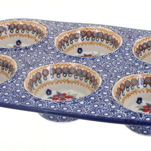 Blue Rose Polish Pottery Red Daisy Muffin Pan