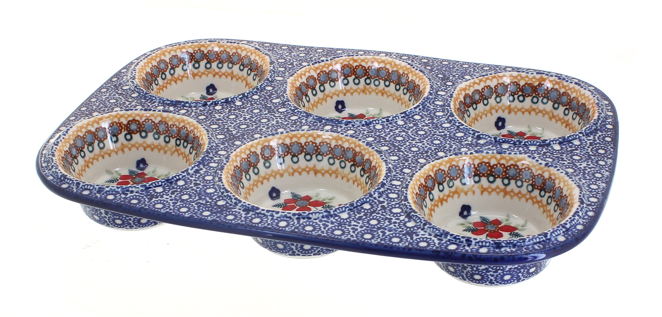 Blue Rose Polish Pottery Red Daisy Muffin Pan