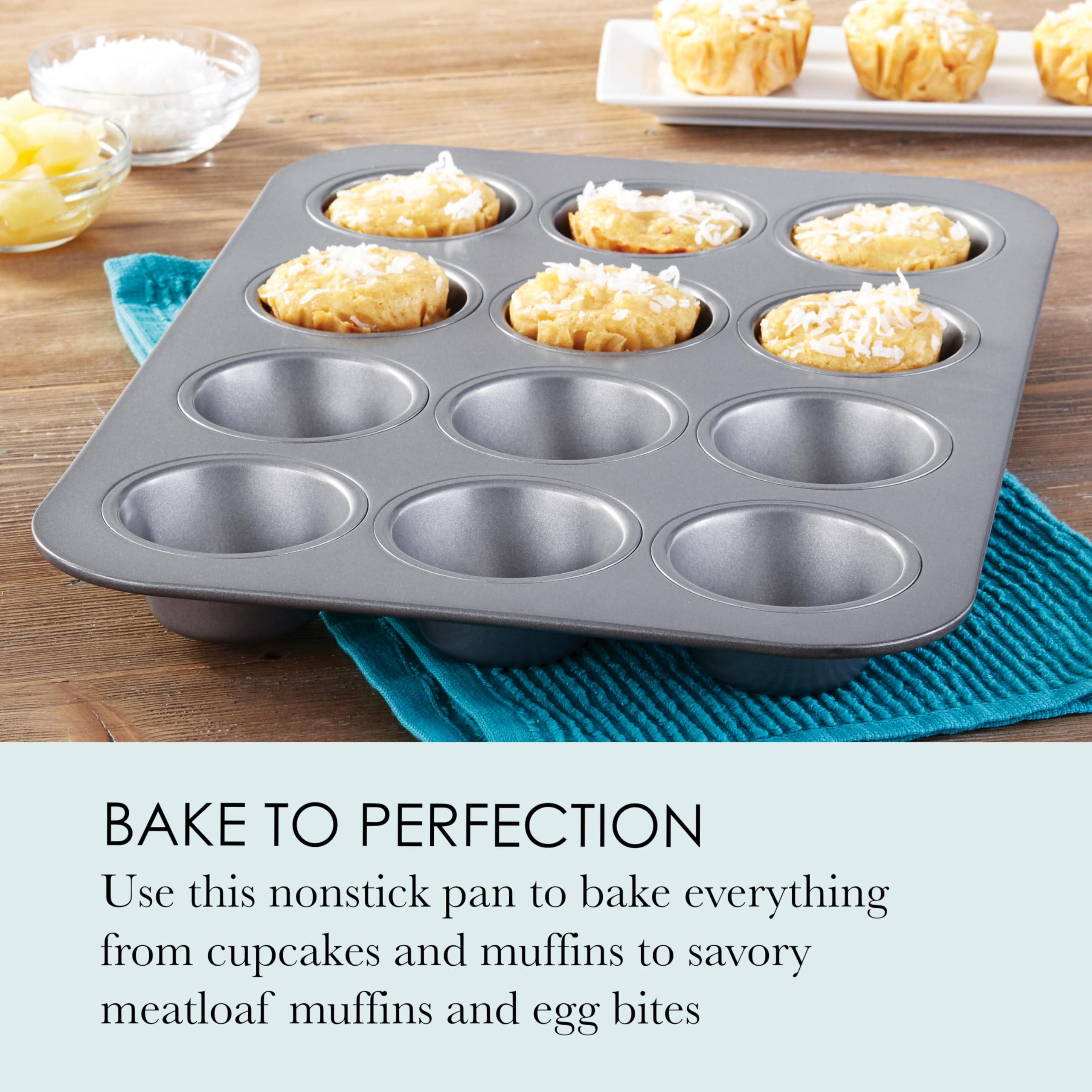 Chicago Metallic Commercial II Non-Stick 12-Cup Muffin Pan. Make muffins, cupcakes, mini quiches, egg cups, and more, 15.8 L x 11.3 W x 1.5 H;