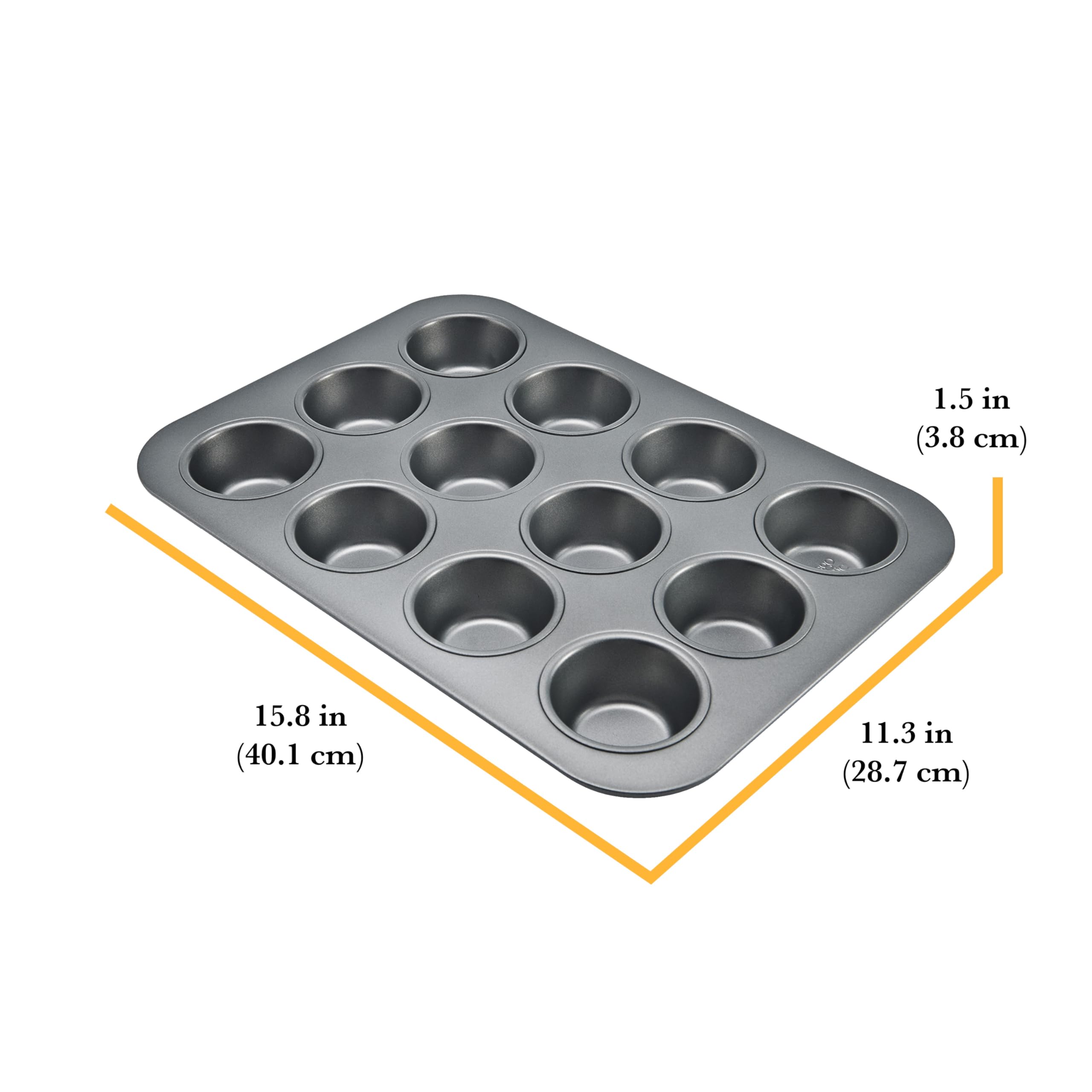 Chicago Metallic Commercial II Non-Stick 12-Cup Muffin Pan. Make muffins, cupcakes, mini quiches, egg cups, and more, 15.8 L x 11.3 W x 1.5 H;