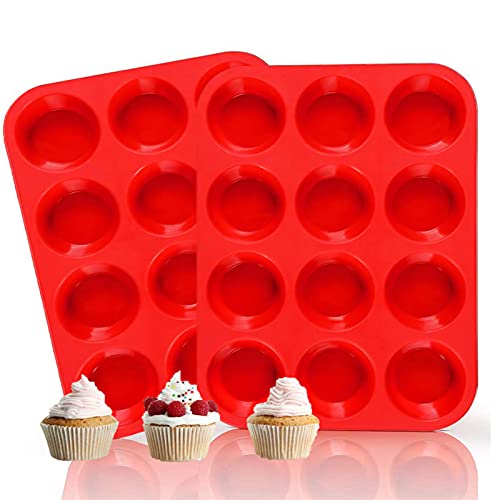 Wolecok Silicone Muffin Pan,Food-Grade Muffin Tins Set of 2,BPA Free Heat Resistant Up to 446°F,100% Silicone Cupcake Baking Pan with 12 Cups Non Stick,Easy to Clean and Fold Storage