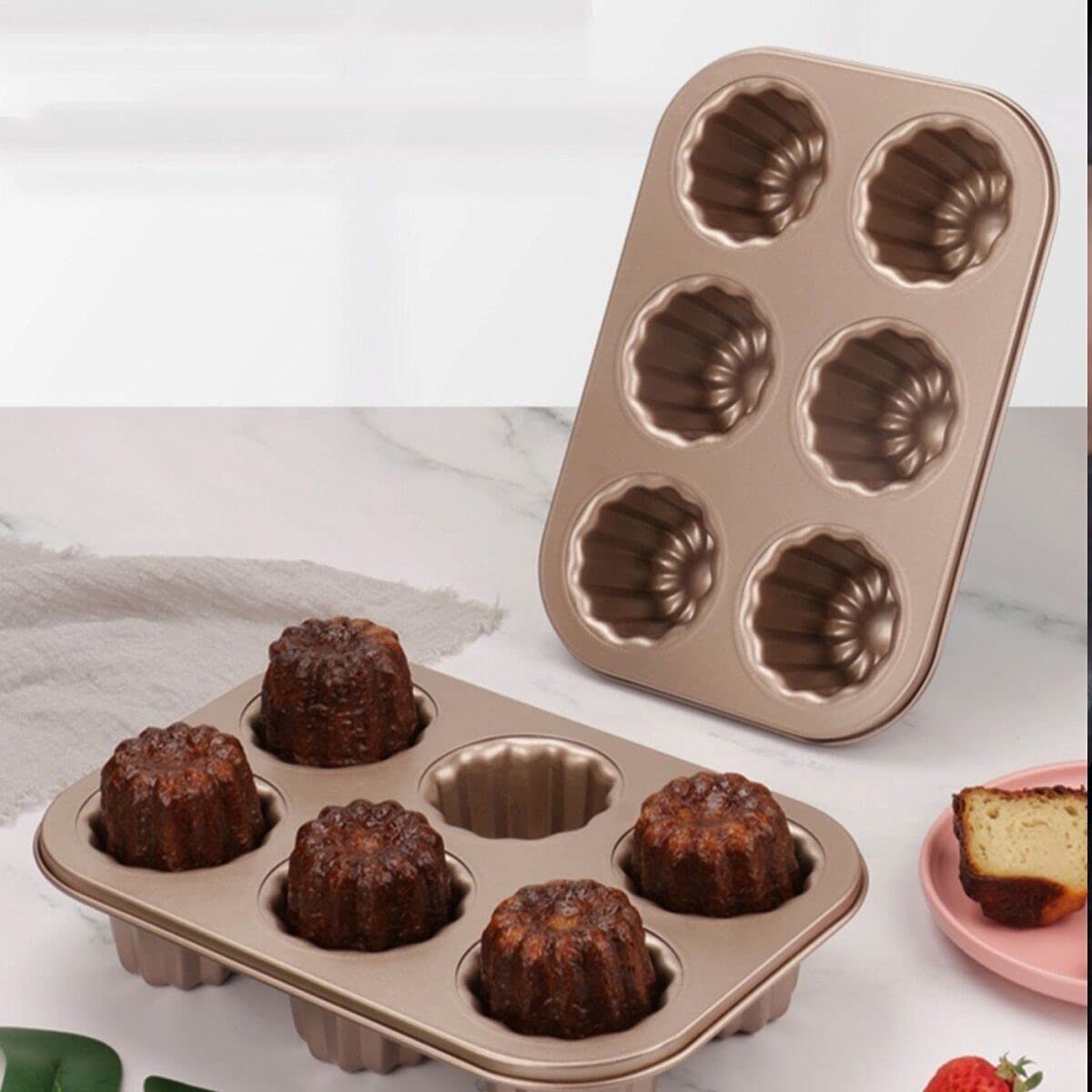 SWETON Non-stick Canele Molds Baking Pans for Cupcakes, 6Cavities Muffin Pan for Oven Baking