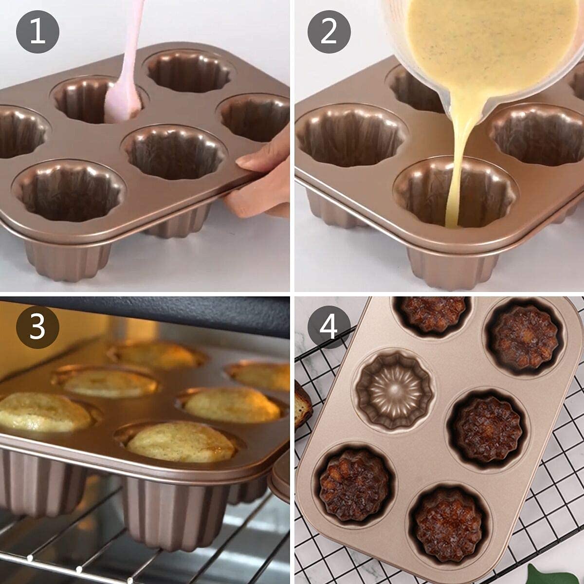 SWETON Non-stick Canele Molds Baking Pans for Cupcakes, 6Cavities Muffin Pan for Oven Baking