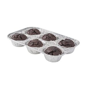 restaurantware pastry tek 9.5 x 6.5 x 1.5 inch muffin tins 25 disposable cupcake pans - 6 cavities standard size silver aluminum baking pans durable for baking cupcakes muffins or mini pies