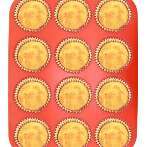 Silicone Muffin Pan 12 Cups, Amison Cupcake Baking Pan/Tray, Non-Stick Silicone Mold, Dishwasher - Microwave Safe (12 Cups, Red)