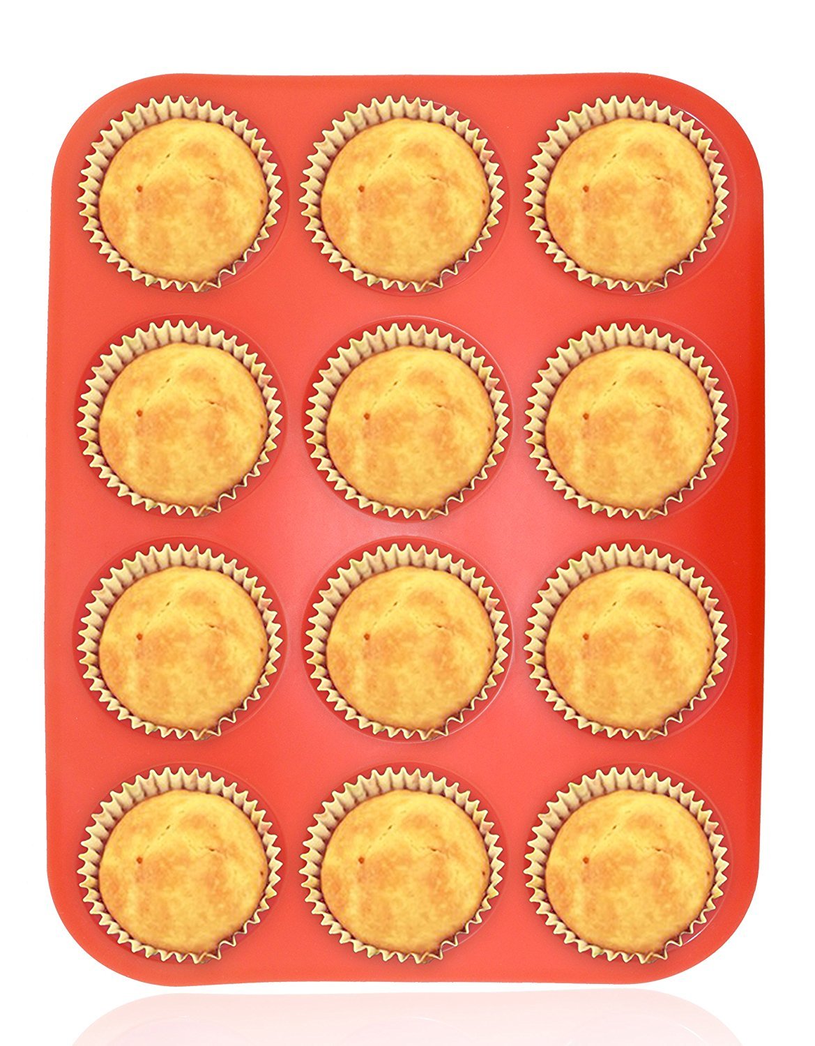 Silicone Muffin Pan 12 Cups, Amison Cupcake Baking Pan/Tray, Non-Stick Silicone Mold, Dishwasher - Microwave Safe (12 Cups, Red)