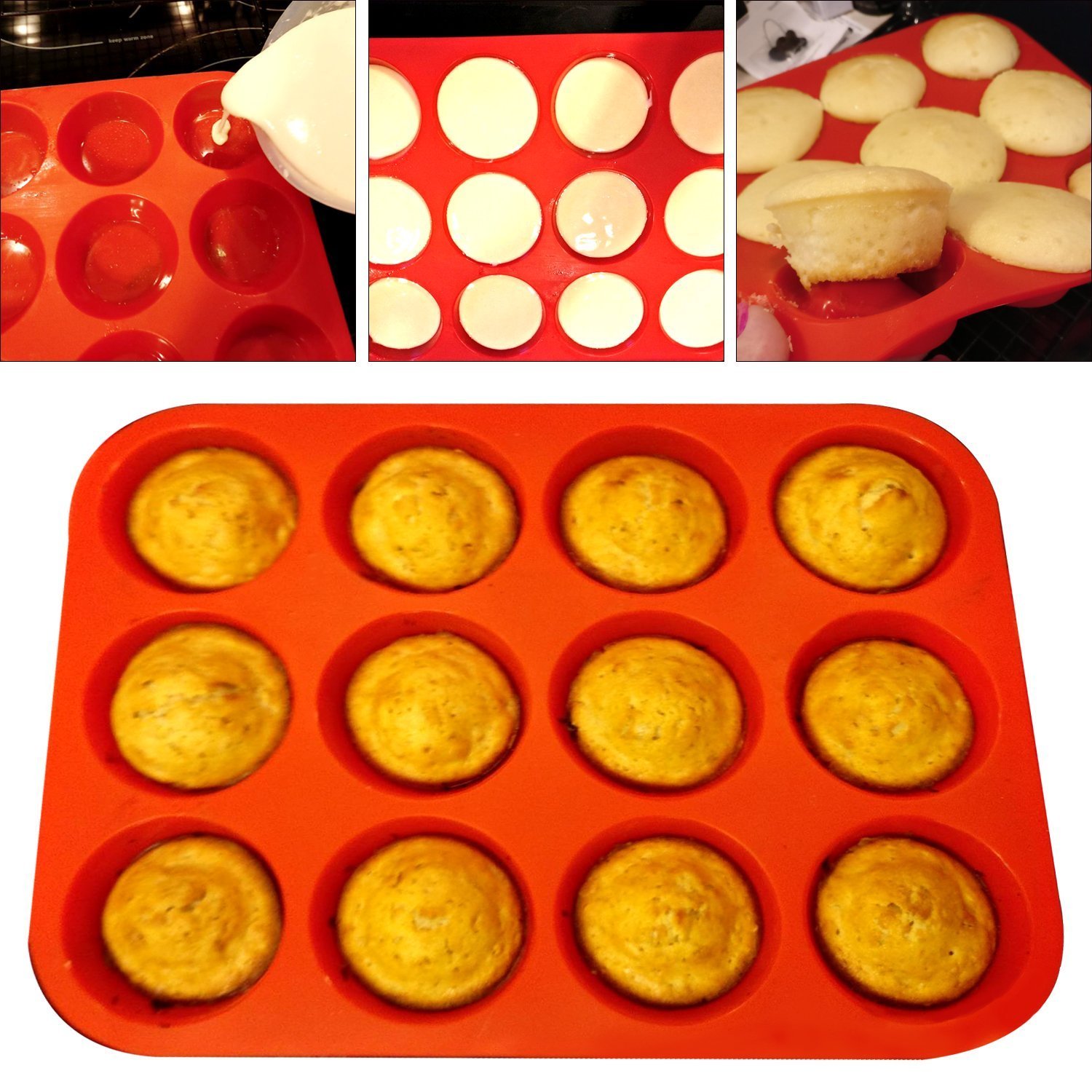 Silicone Muffin Pan 12 Cups, Amison Cupcake Baking Pan/Tray, Non-Stick Silicone Mold, Dishwasher - Microwave Safe (12 Cups, Red)