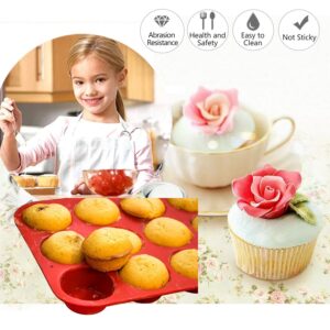 Silicone Muffin Pan 12 Cups, Amison Cupcake Baking Pan/Tray, Non-Stick Silicone Mold, Dishwasher - Microwave Safe (12 Cups, Red)