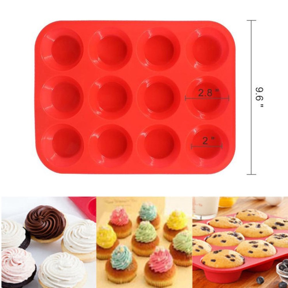 Silicone Muffin Pan 12/24-Cup Muffin PanNon-Stick Red Cupcake Baking Tray Mousse Cake Mold Muffin Pan (12 Red)