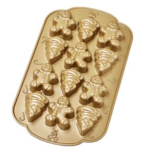 wehome gingerbread cake pan cakelet pan，non-stick cast aluminum muffin pan，12-cavity snowman and christmas tree gingerbread baking pan，heavy-gauge bakeware pan