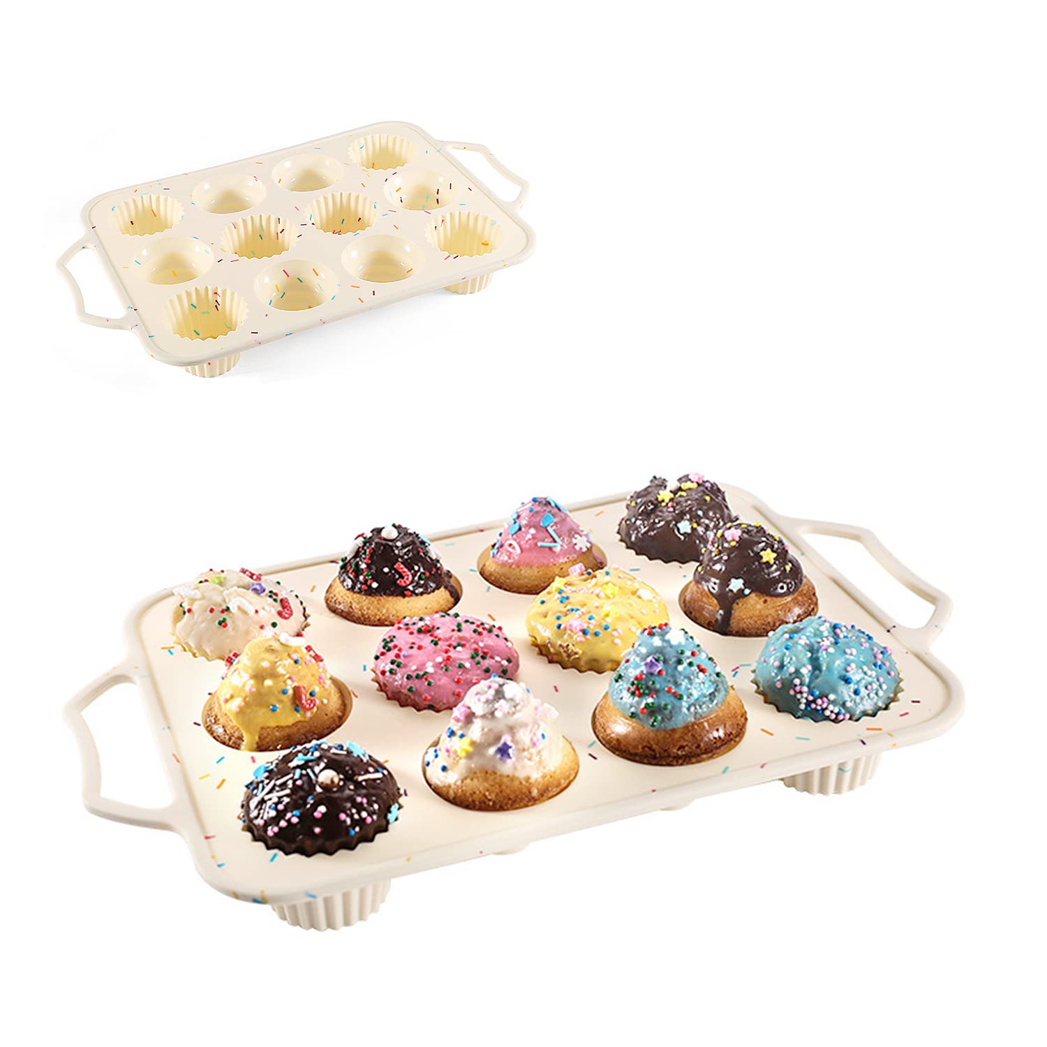 Antetek A-XINTONG Non-Stick Silicone Paper Cupcake Baking Tray with Ergonomic Grips, 12 Cups Stainless Steel Core Muffin Pan, Muffin Cake Mold