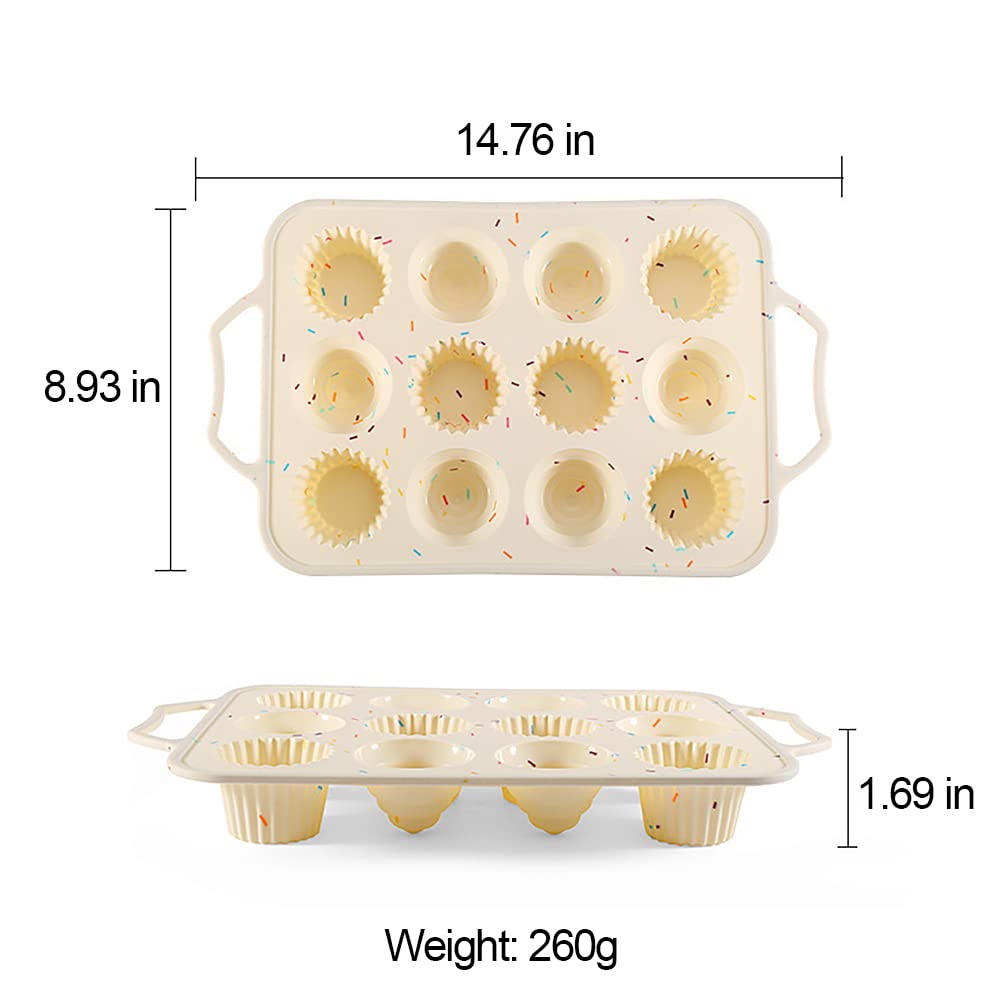 Antetek A-XINTONG Non-Stick Silicone Paper Cupcake Baking Tray with Ergonomic Grips, 12 Cups Stainless Steel Core Muffin Pan, Muffin Cake Mold