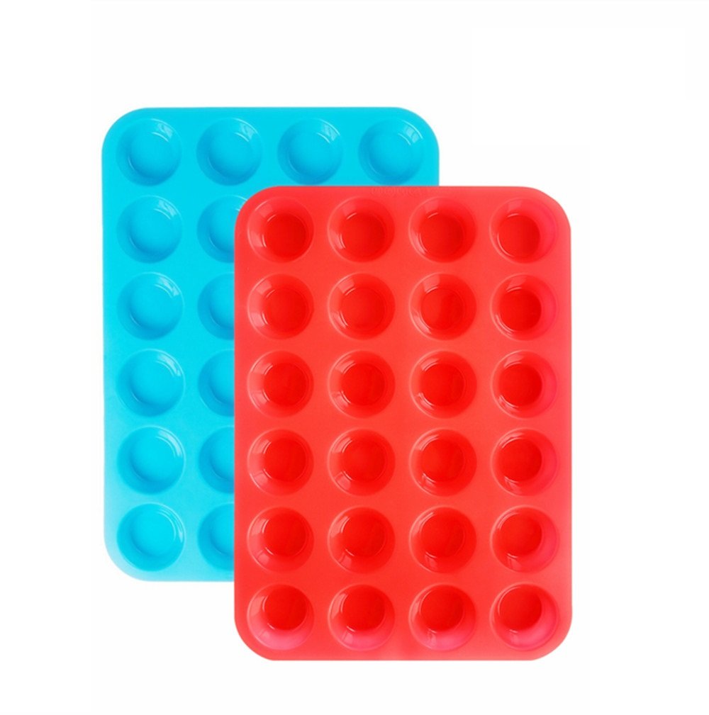 Silicone Mini Cupcake Pan Silicone Molds, 2 Pack Silicone Mini Muffin Pan with 24 Cups Muffin Tin (Red and Blue)