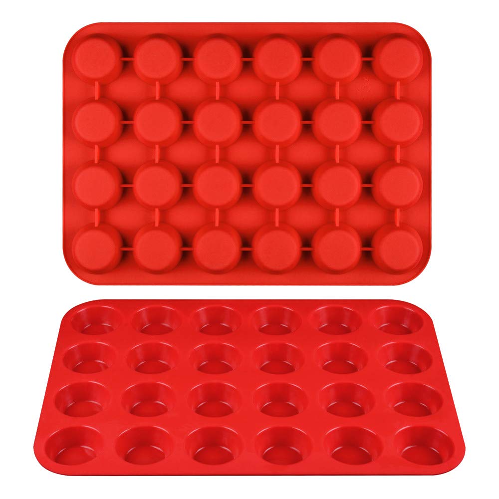 SJ European LFGB Silicone Muffin Pan Baking Trays, 2-Pack, 12-Cup & 24-Cup Cupcake Pans Silicone Baking Molds, Red, Non-Stick & BPA Free