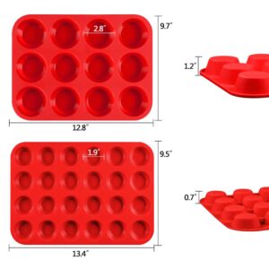 SJ European LFGB Silicone Muffin Pan Baking Trays, 2-Pack, 12-Cup & 24-Cup Cupcake Pans Silicone Baking Molds, Red, Non-Stick & BPA Free