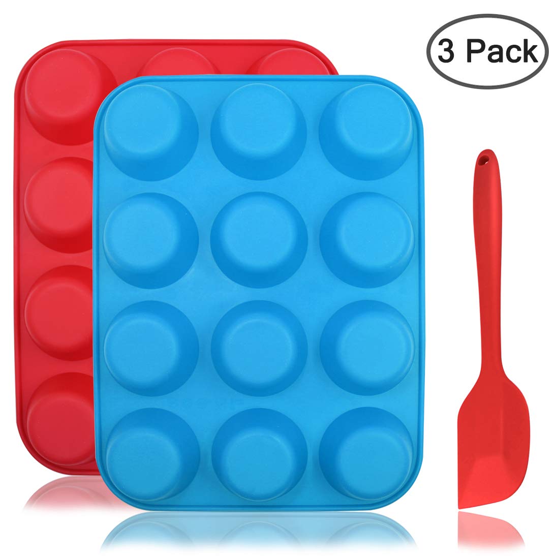 SourceTon 12-Cup Silicone Muffin Mold Bonus with Spatula, 3 pcs pack of Muffin Mold and Spatula Set, Cupcake Pans, Dishwasher, Oven, Microwave Oven. Blue + Red