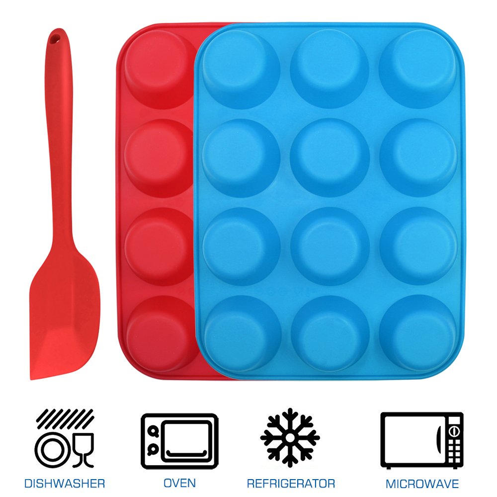 SourceTon 12-Cup Silicone Muffin Mold Bonus with Spatula, 3 pcs pack of Muffin Mold and Spatula Set, Cupcake Pans, Dishwasher, Oven, Microwave Oven. Blue + Red