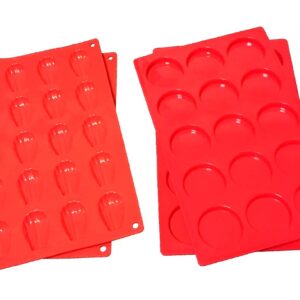 M. Gastro Kitchens 4 Pcs Set of 15 Cavity Mini Muffin Top (x2) and 20 Cavity Madeleine (x2) Baking Pan, Brownies, Keto Cheese Crisps, 2" diameter, 3/8" deep (Red - Muff-Mad)