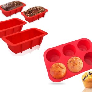 Walfos 6 Cup Jumbo Silicone Texas Muffin Pan + 4 Pieces Non-Stick Silicone Bread Loaf Pan Super Value Set.