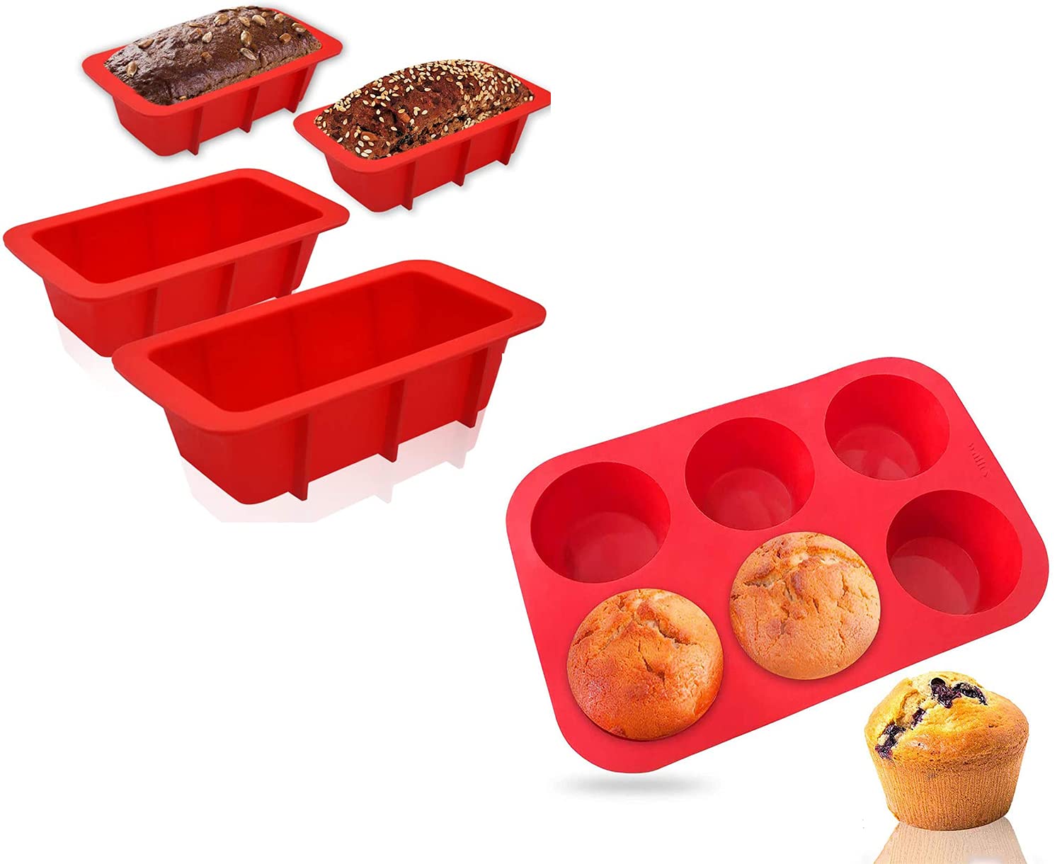 Walfos 6 Cup Jumbo Silicone Texas Muffin Pan + 4 Pieces Non-Stick Silicone Bread Loaf Pan Super Value Set.