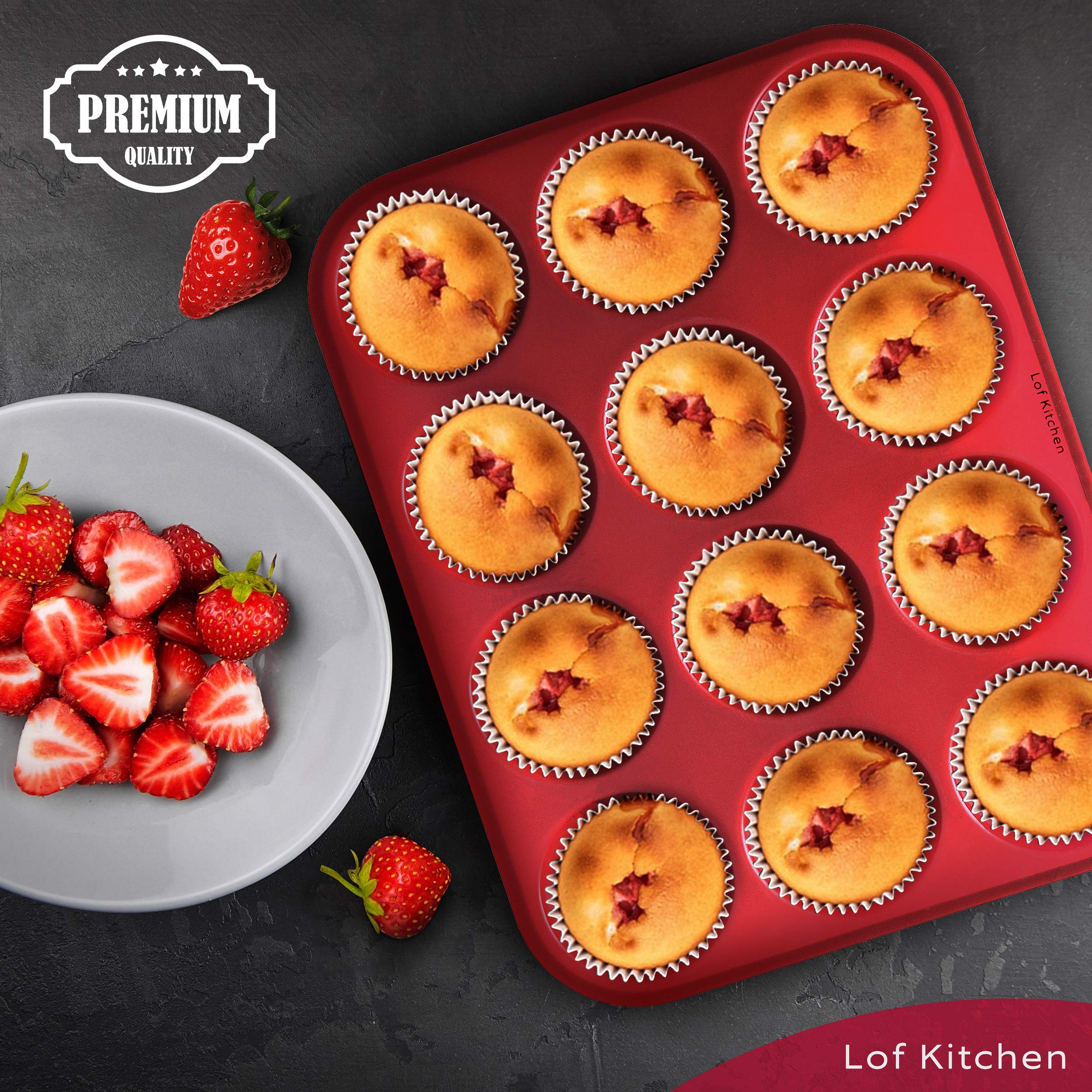 Lof Kitchen 12 Cups Silicone Muffin Pan - 100% Food Grade Silicone Muffin Pan 12 - Cupcake Pan - Non-Stick - BPA-Free Silicone Muffin Tin