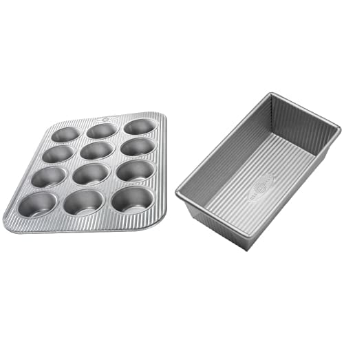 USA Pan Bakeware Muffin Pan, 12-Well, Aluminized Steel & Nonstick Standard Bread Loaf Pan, 1 Pound, Aluminized Steel