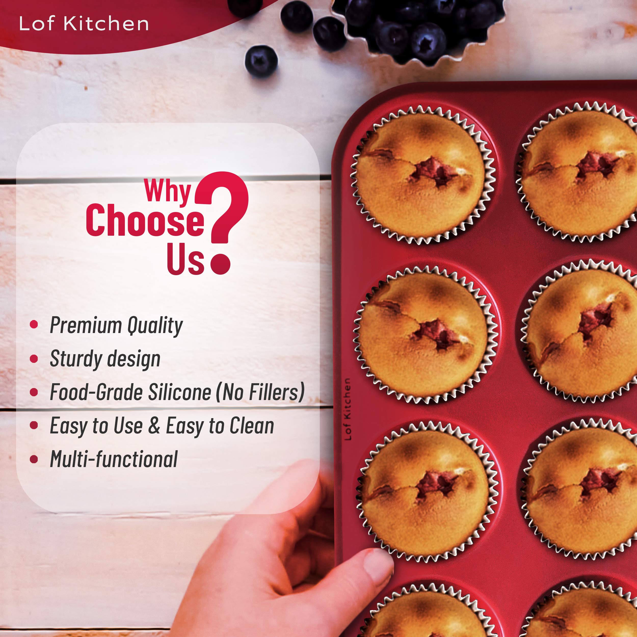 Lof Kitchen 12 Cups Silicone Muffin Pan - 100% Food Grade Silicone Muffin Pan 12 - Cupcake Pan - Non-Stick - BPA-Free Silicone Muffin Tin