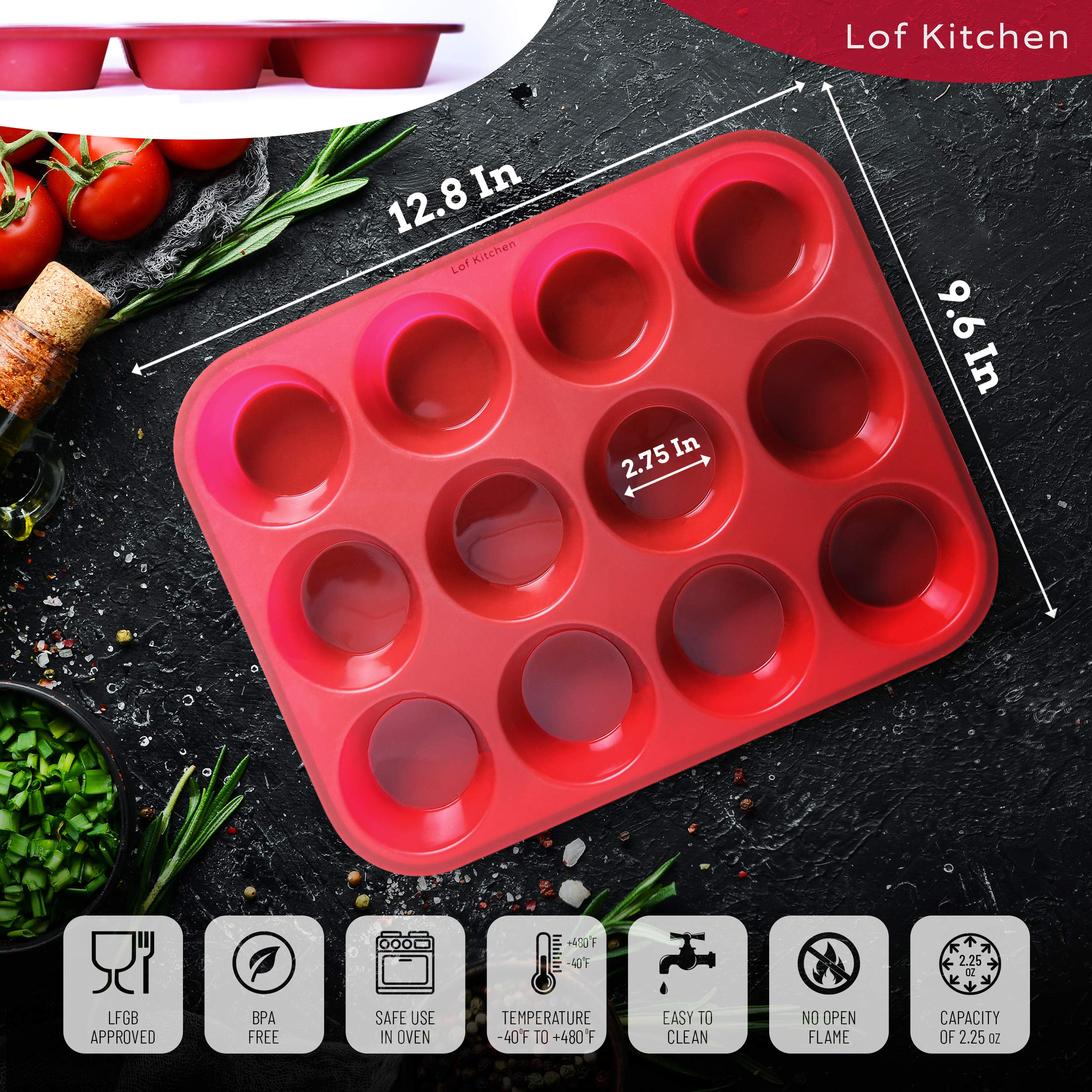 Lof Kitchen 12 Cups Silicone Muffin Pan - 100% Food Grade Silicone Muffin Pan 12 - Cupcake Pan - Non-Stick - BPA-Free Silicone Muffin Tin