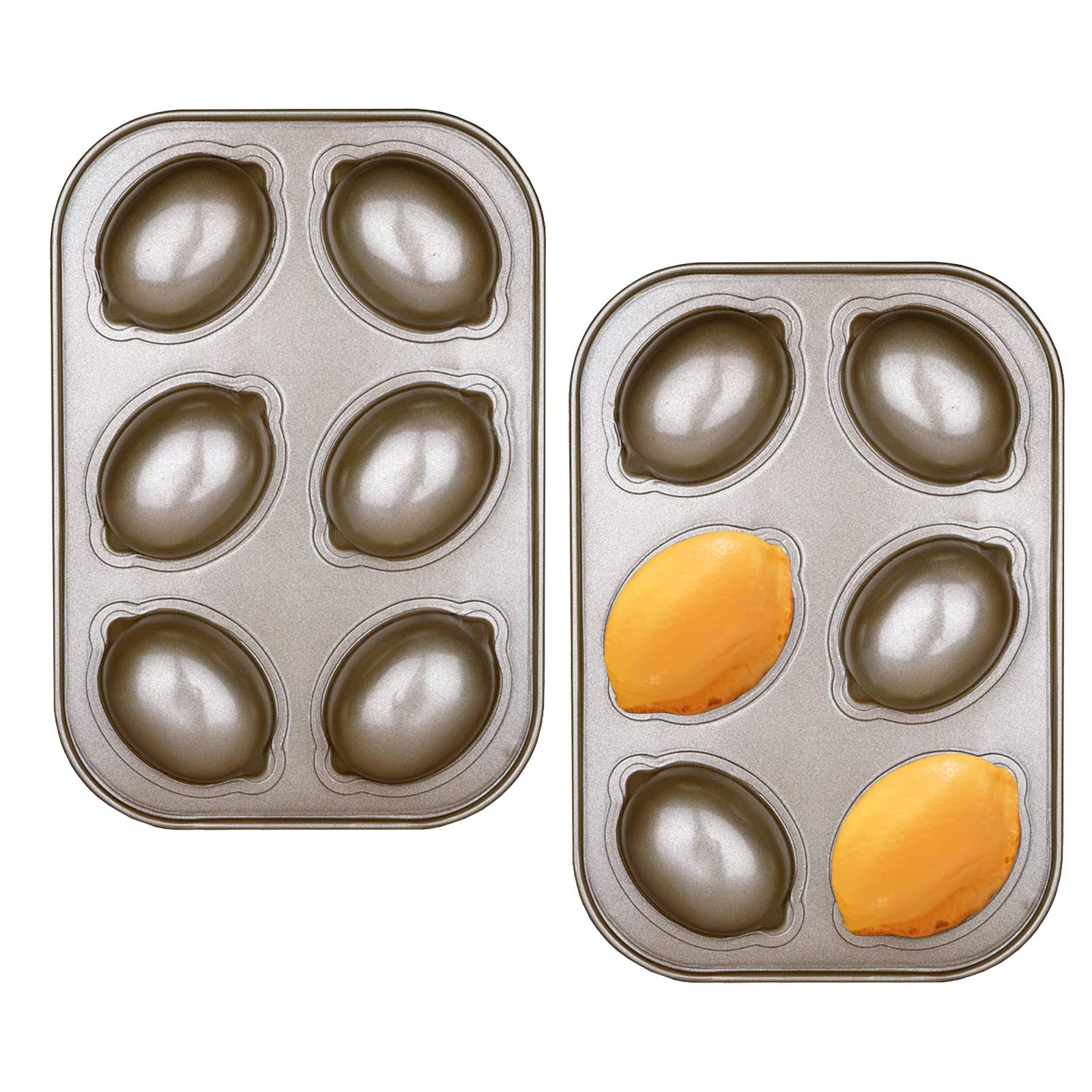 TOPZEA 2 Pack Muffin Pan, 6-Cup Non Stick Muffin Pan Lemon Shaped Baking Mold Cake Mold Cupcake Pan for Oven, Quick Release Bakeware for Pudding, Dessert, Mousse, Gold